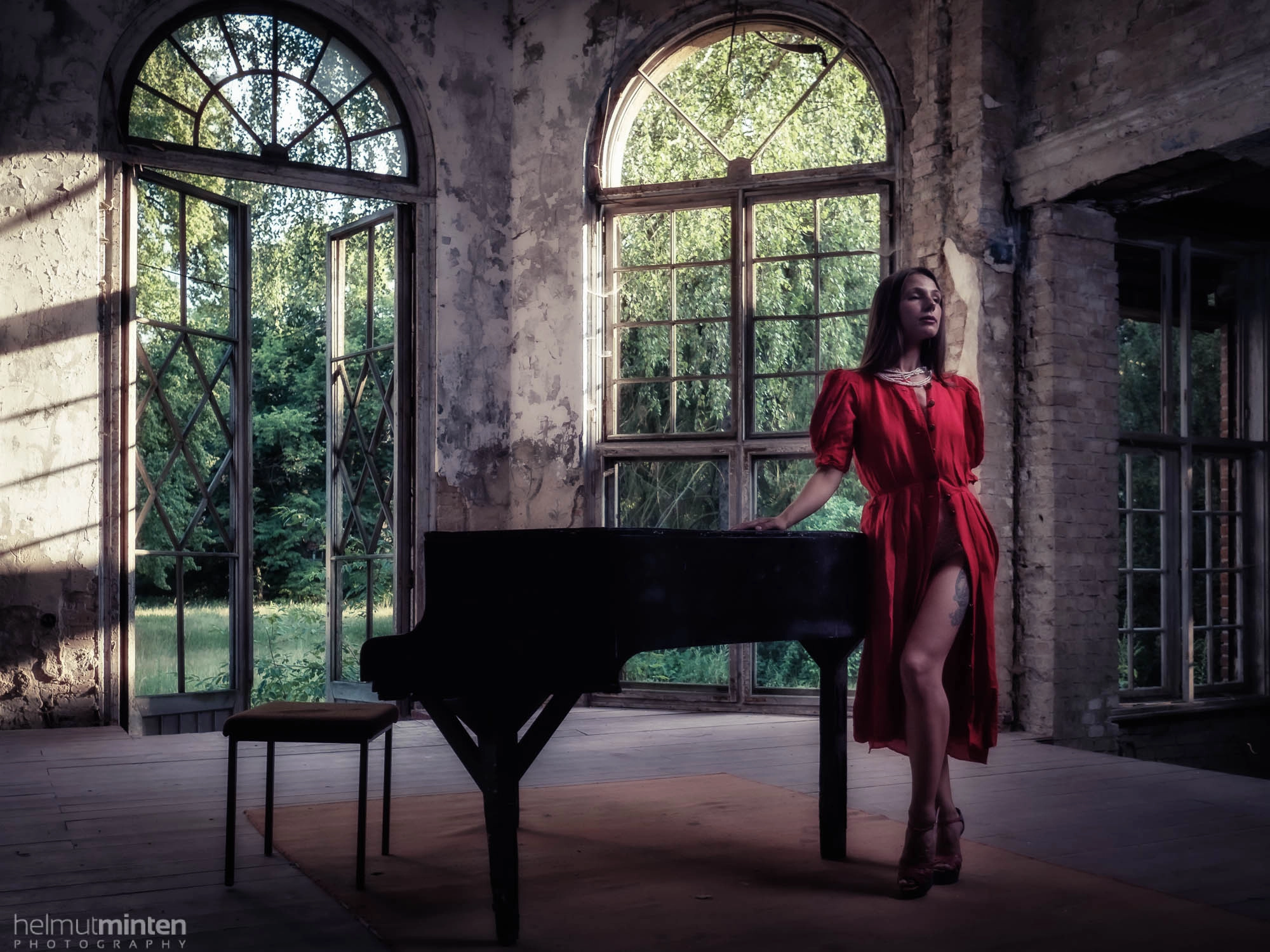 Woman in Red Dress Posing by Piano in Abandoned Building | people photo ...