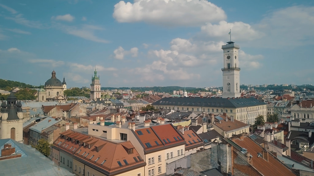 Aerial drone shot of european city Lviv, Ukraine. Rynok Square by ...
