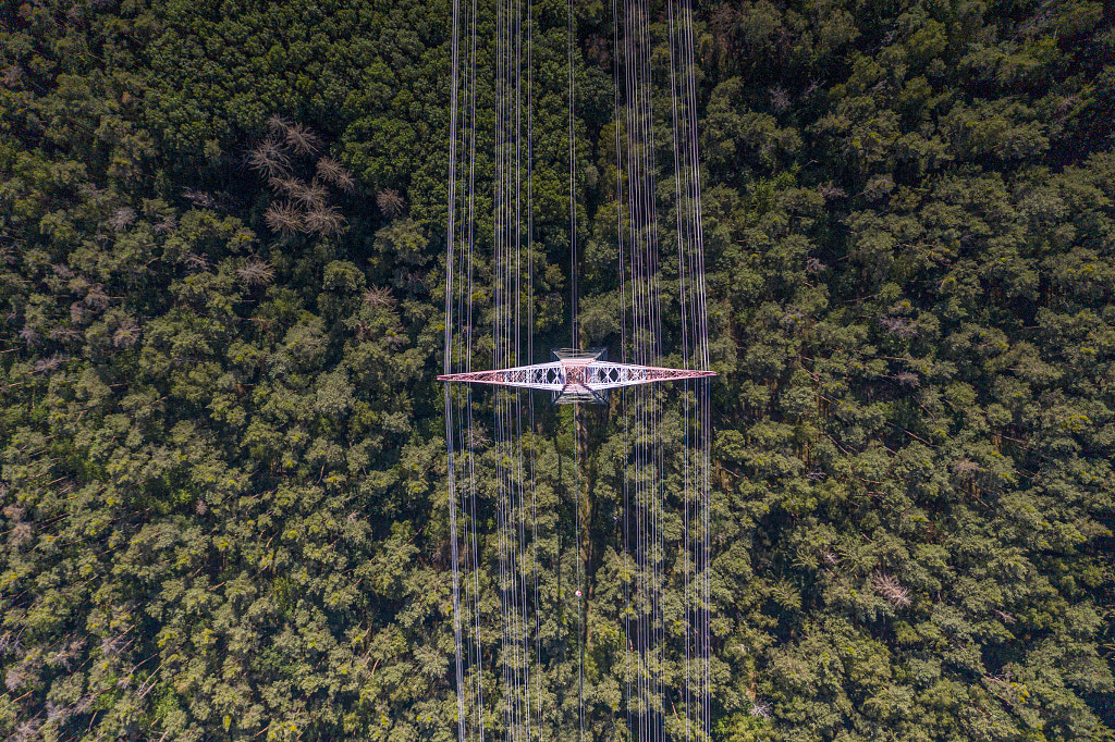 Vertical view on a metal power pole with high voltage wires over forest ...