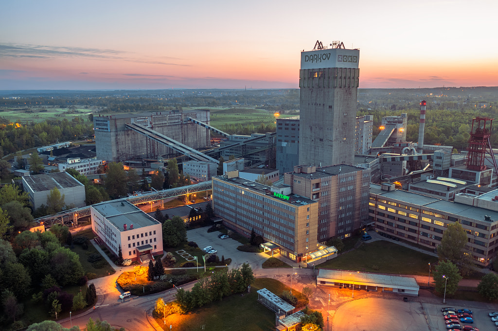 Underground black coal mine Darkov from above during sunrise. View on ...