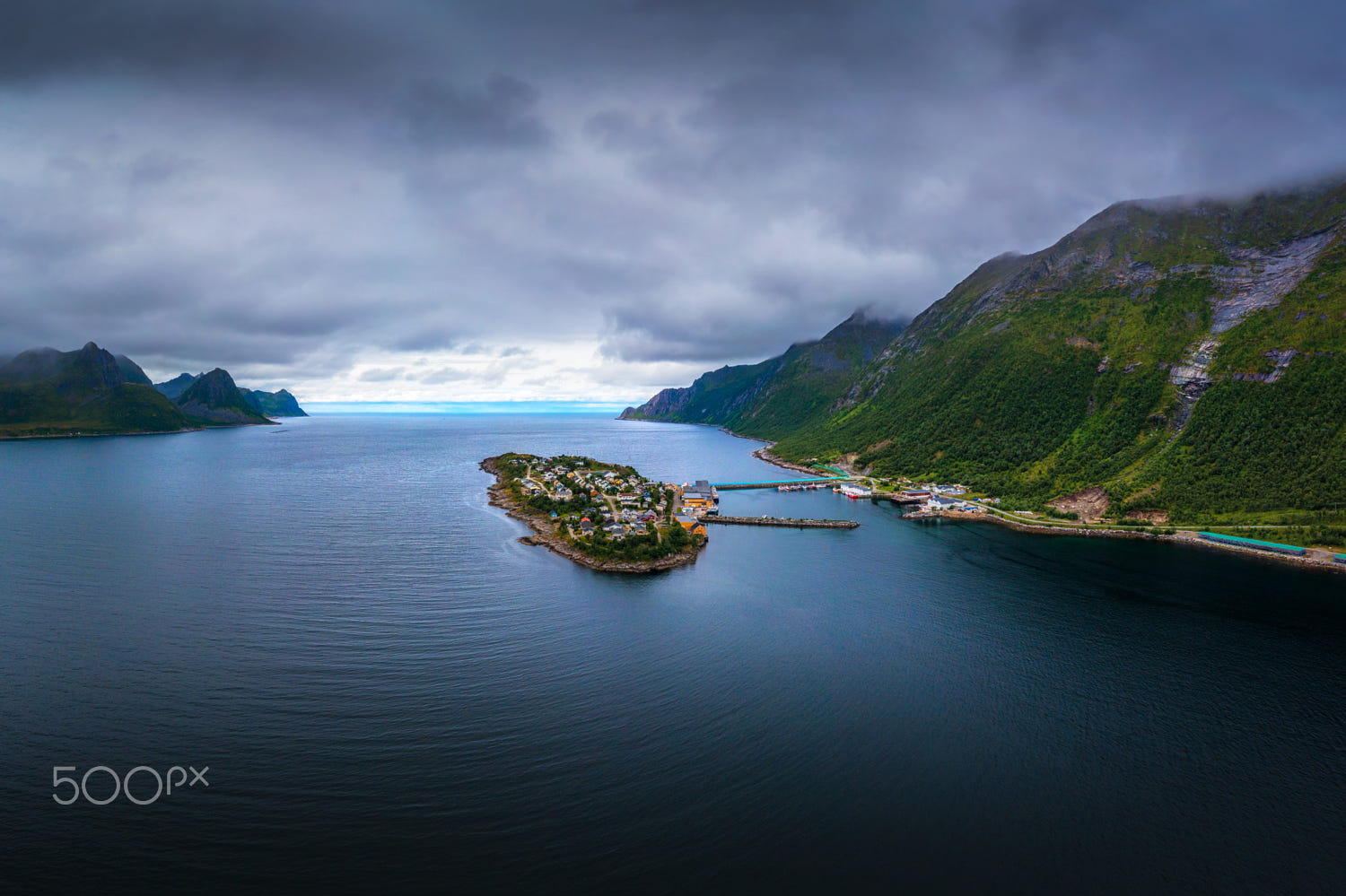 Aerial view of the Husoy fishing village on the Senja Island, Norway by ...