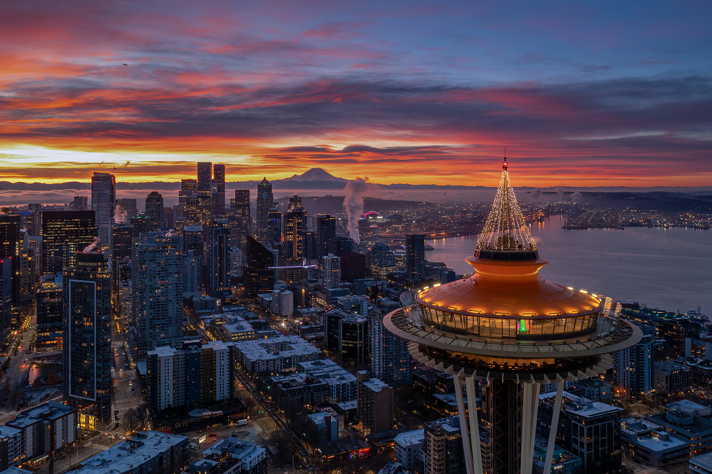 Seattle Space Needle and Skyline from Above at Sunrise by Dale Johnson ...