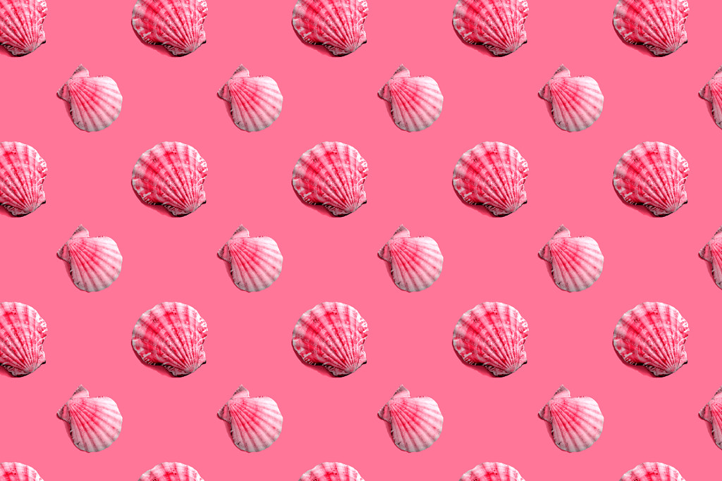 Color of the year 18-1750 Viva Magenta color. Sea shells, pattern by ...