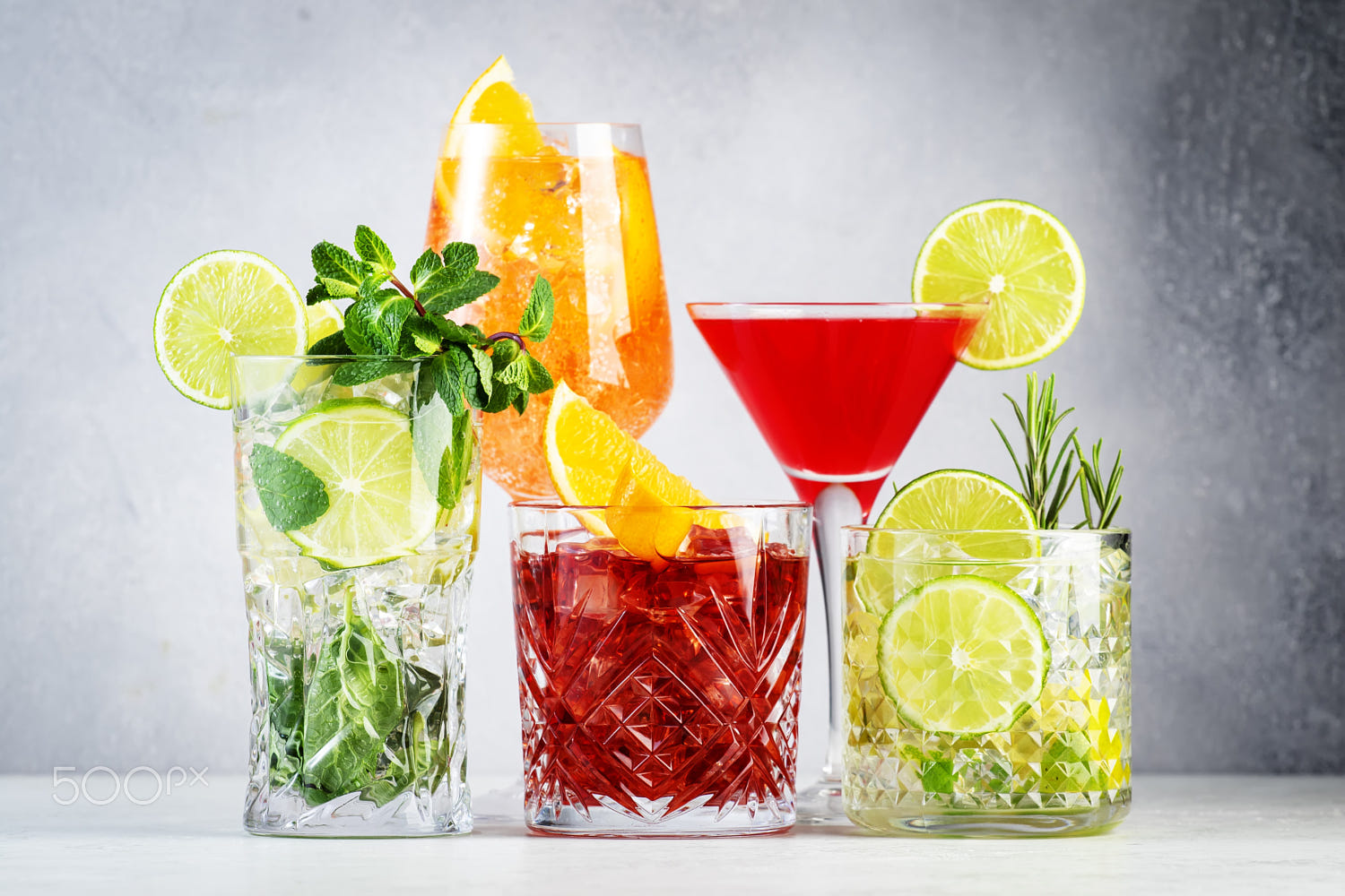Most popular trendy cocktails set: aperol spritz, negroni, mojito, gin ...