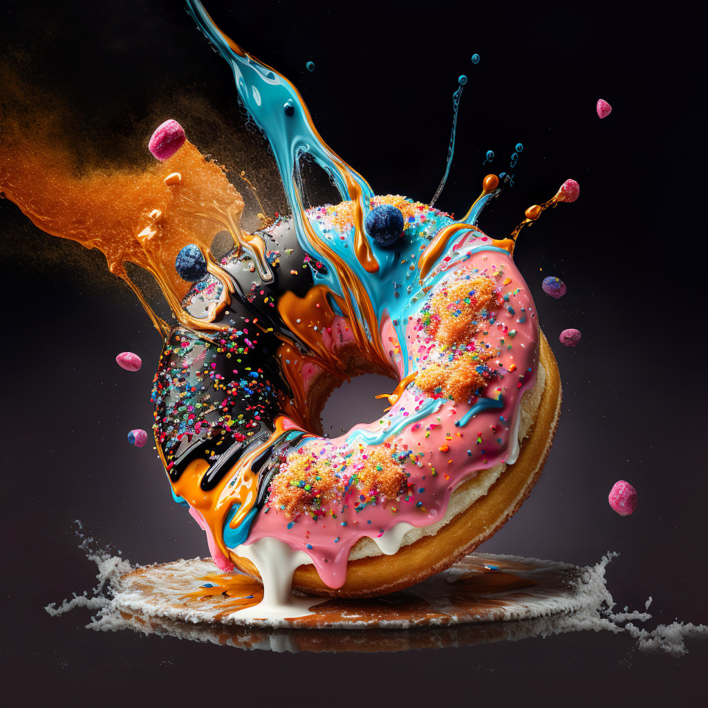 Flying donuts, Mix of multicoloured doughnuts with sprinkel on black ...