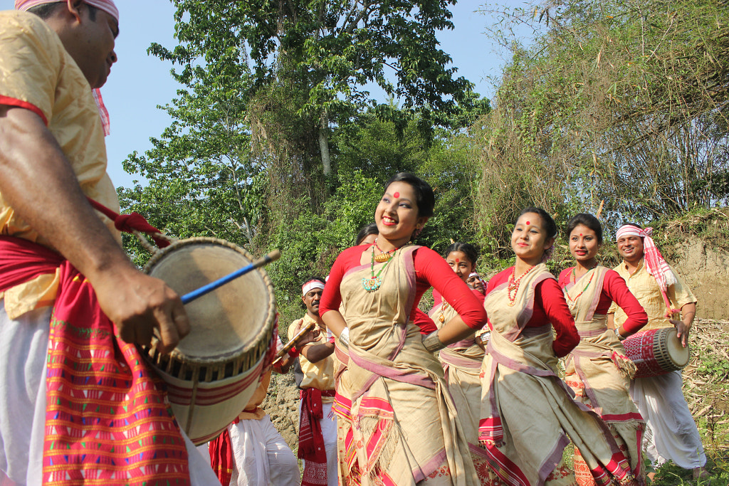 Assamese youth in traditional attire perform Bihu Dance on the occasion ...