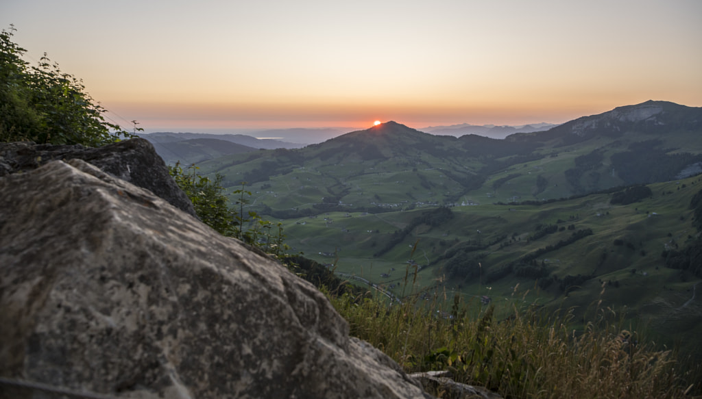 Wonderful sunrise in the Swiss Alps as seen from Aescher guesthouse, a ...