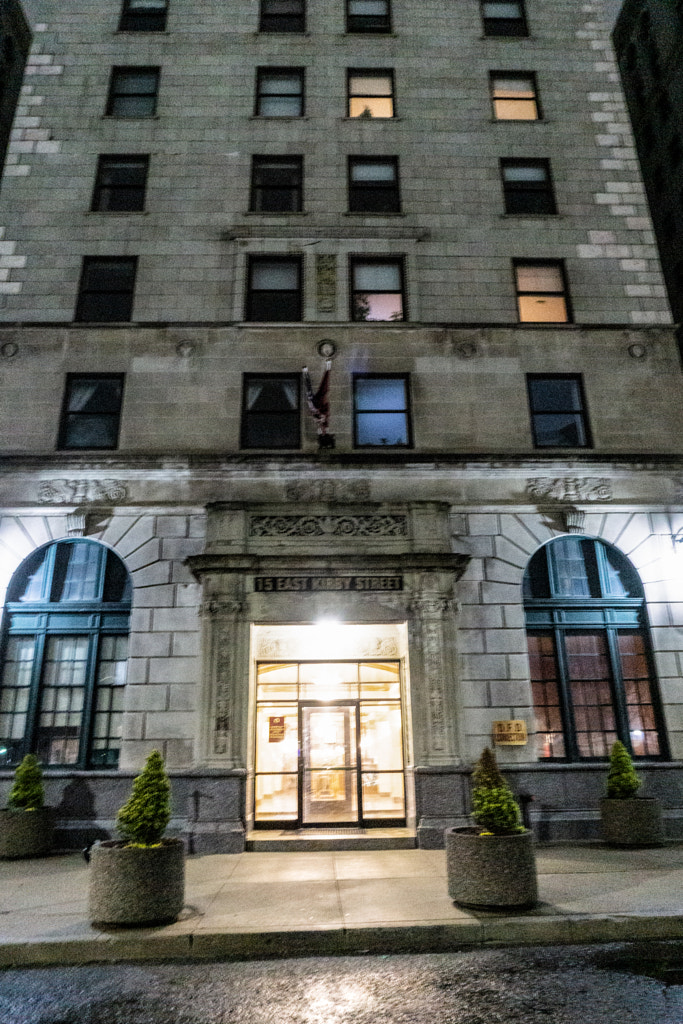 Historic Building Entrance at Night with Illuminated Windows | city ...