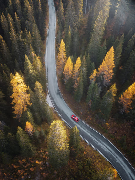Aerial view of red car passing by colorful autumn trees in the forest ...