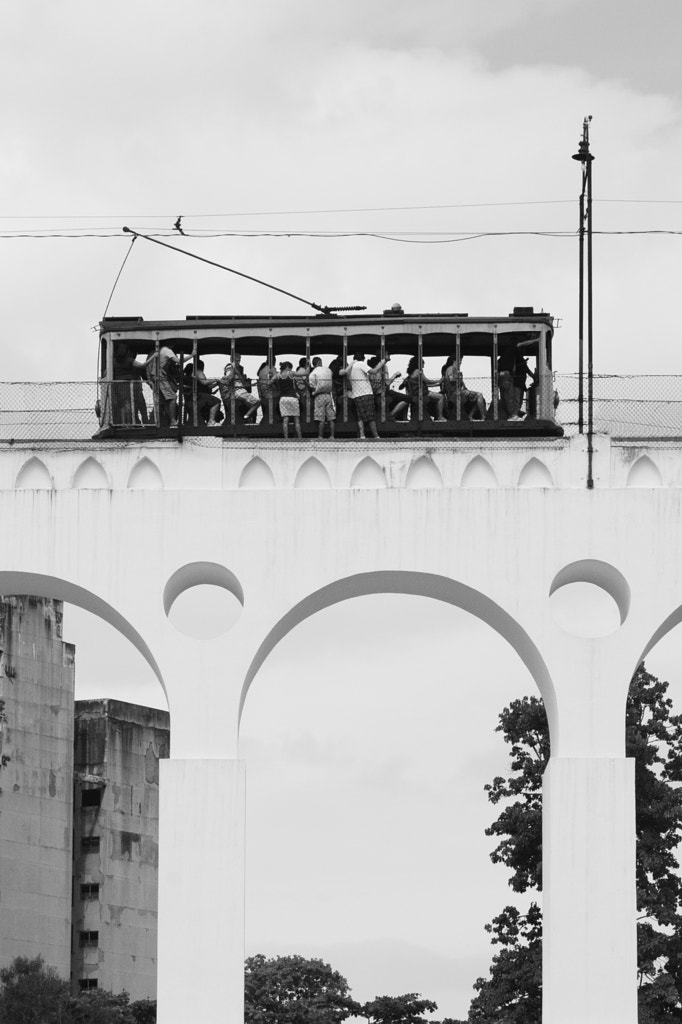 Santa Teresa trolleycar on top of the aqueduct, transportantion in Rio ...