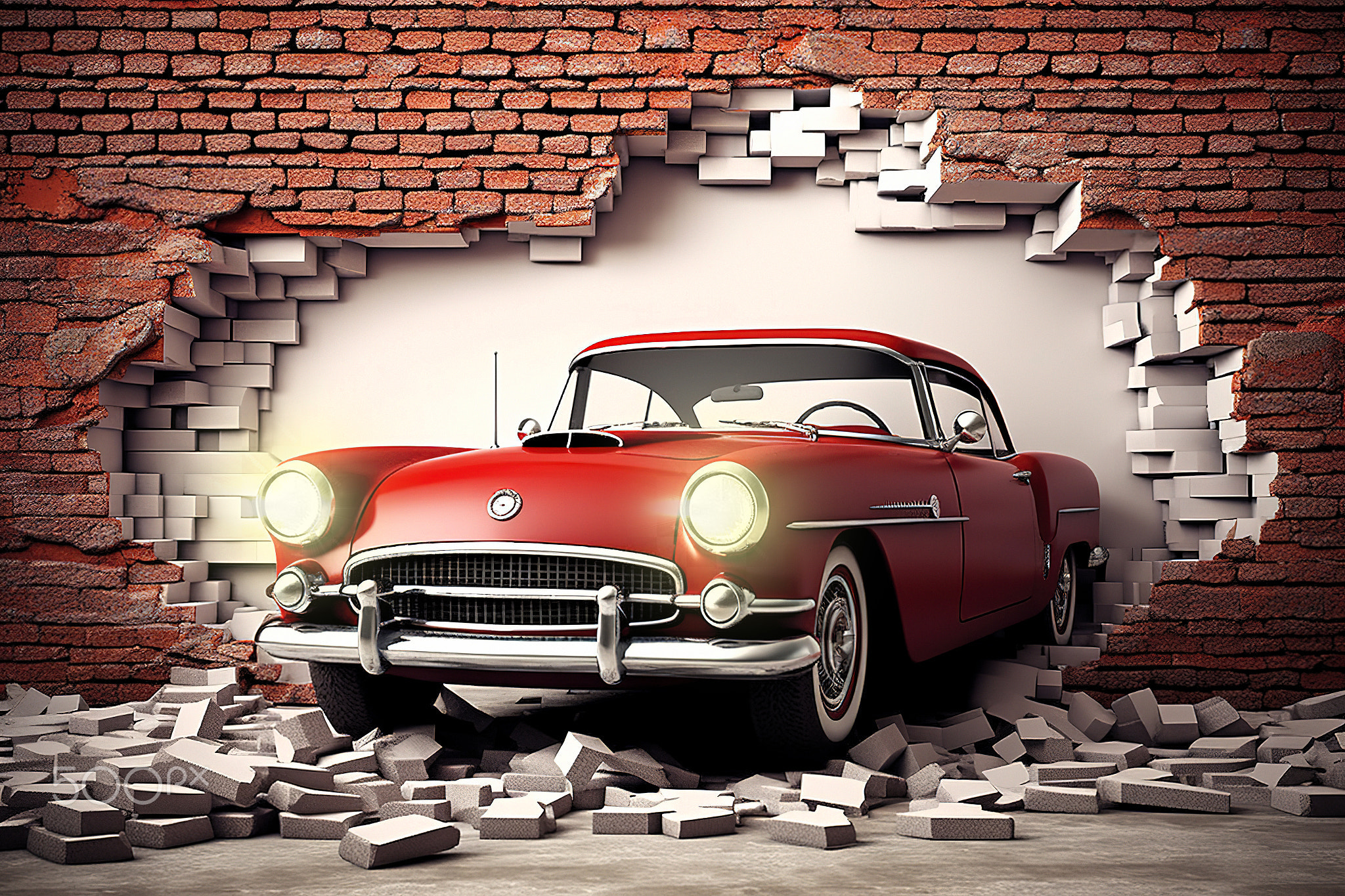 3d-mural-wallpaper-broken-wall-bricks-and-a-classic-red-car by sanjay arts | 500px