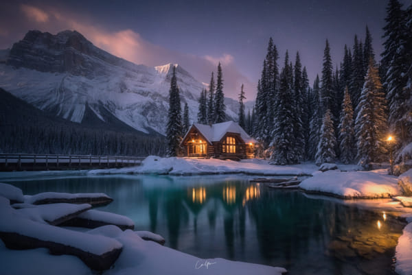 Cozy Cabin by Frozen Lake in Snowy Mountains at Night | landscape photo ...