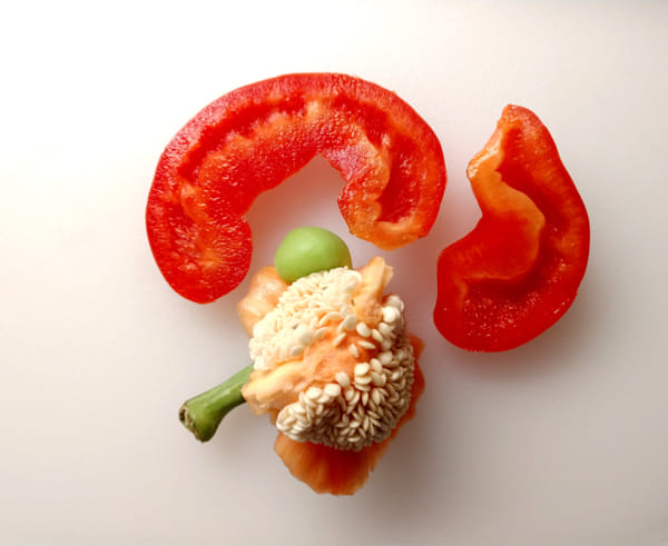 Close-up of red bell pepper slices on white background by Rose Ungvari ...