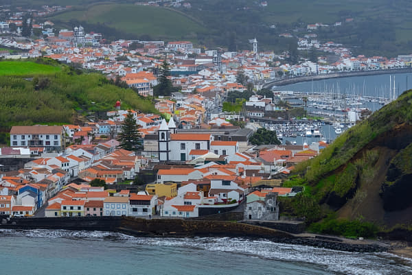 Aerial View of the bay of Horta town at Faial island at Azores Portugal ...