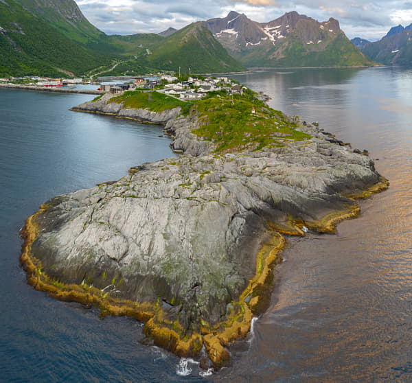 Aerial view, drone view of Husoy, Husøy island in Senja, arctic Norway ...