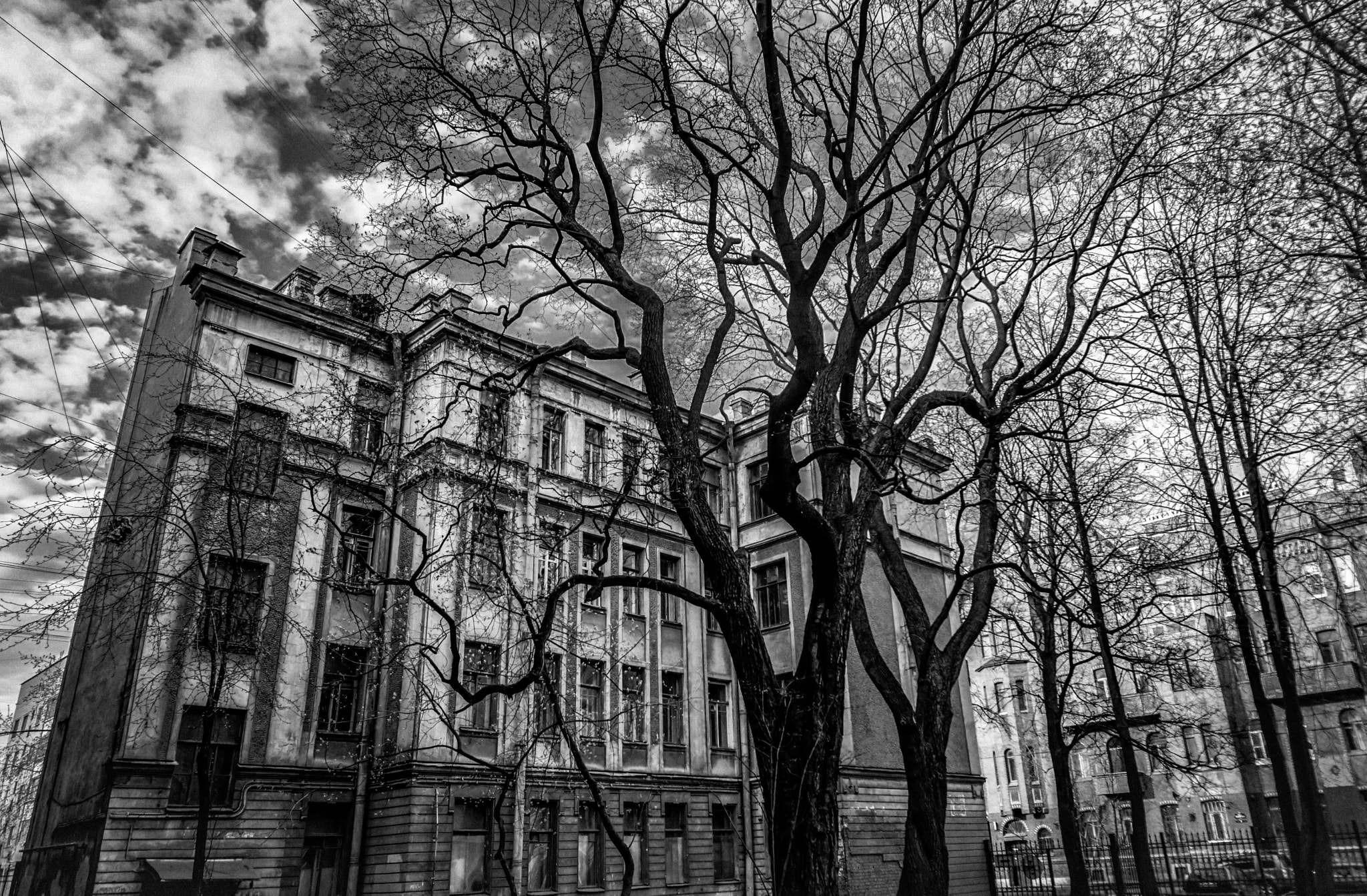 Historic Building with Bare Trees Conveying History and Melancholy ...