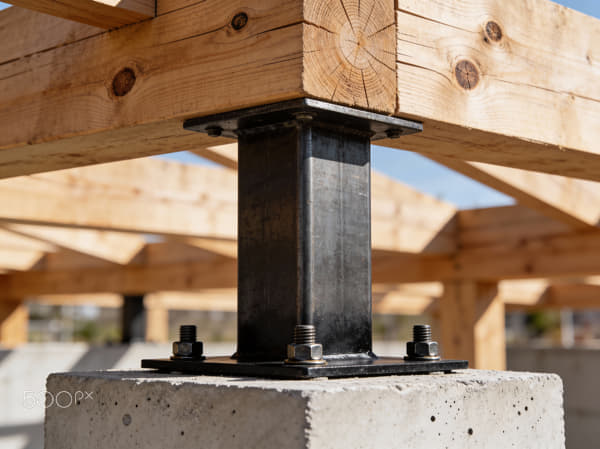 Heavy duty steel post supporting large wooden beams on concrete ...