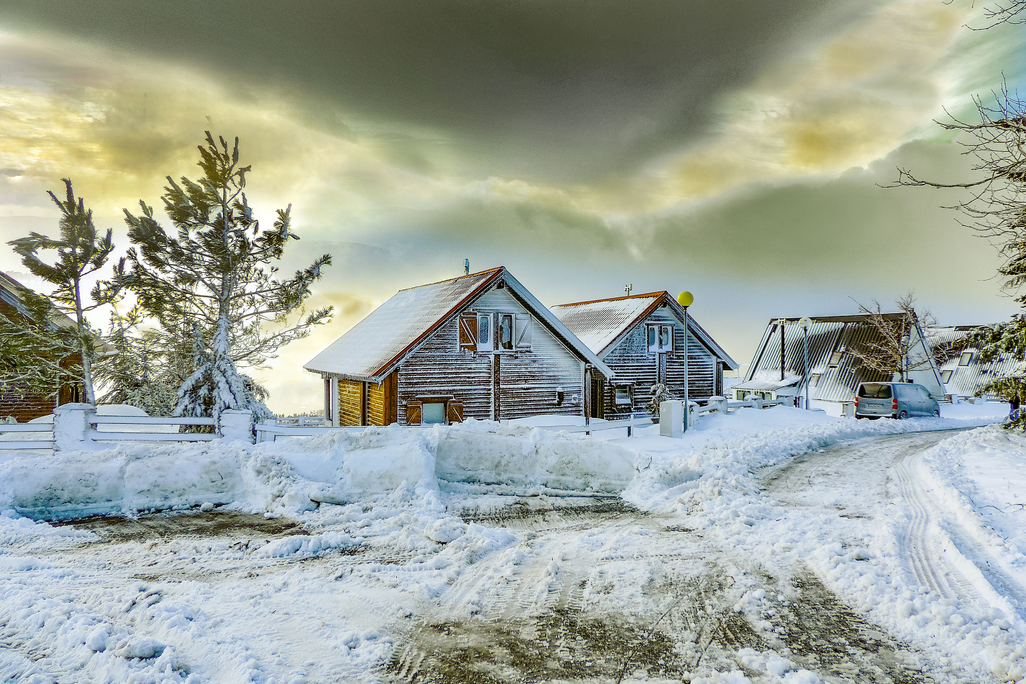 Cozy Winter Cabins Under Stormy Skies Expressing Resilience | landscape ...