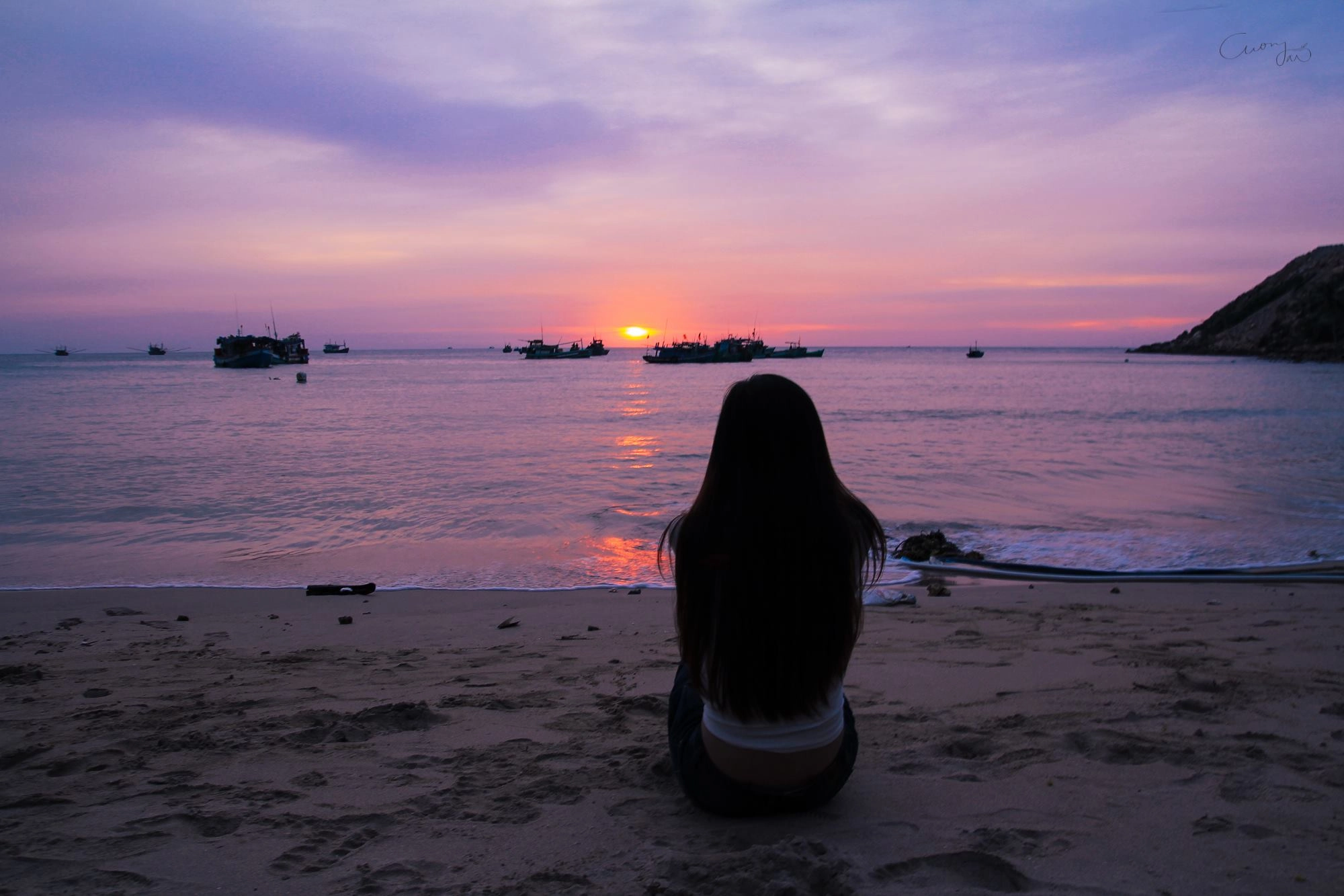 Girl Sits Alone On The Beach Watching The Sunset by CuongDao∙vn - Photo ...