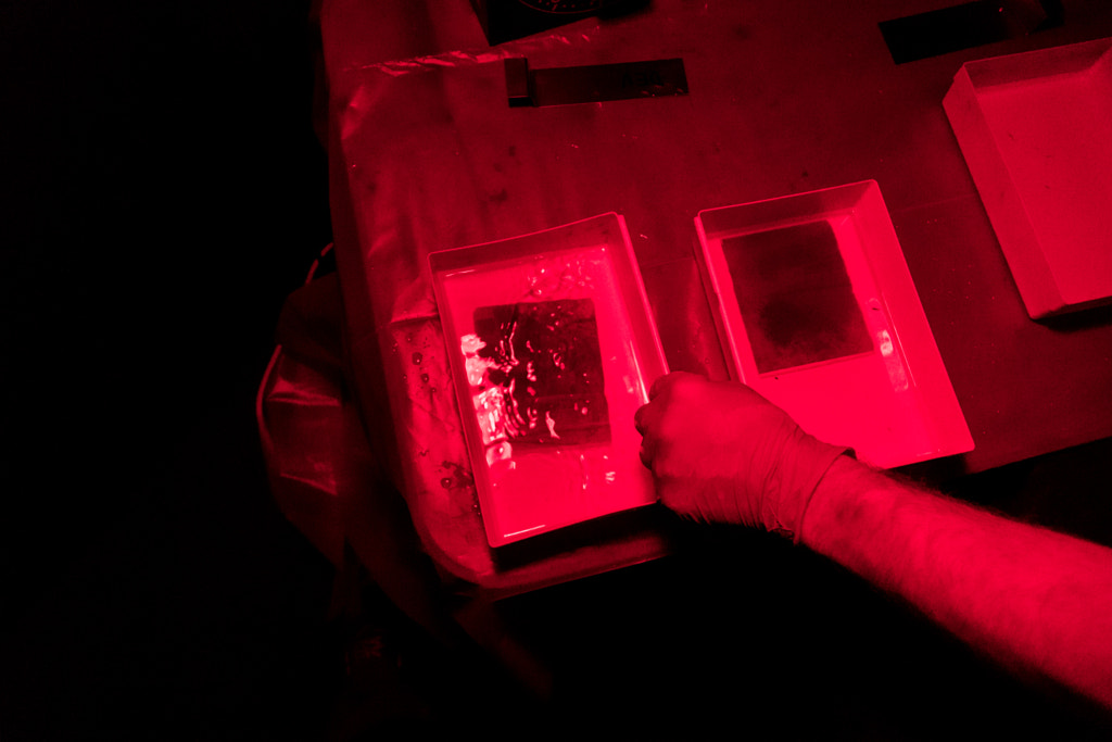 Large format glass plate photos being developed in a darkroom un by ...