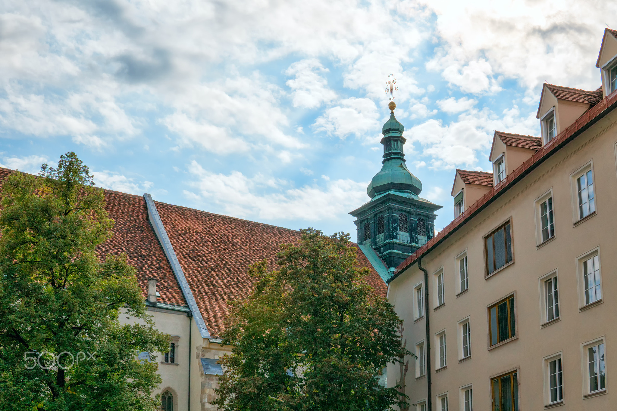 Graz. Austria. View of the Church of St. Catherine and the Church tower ...
