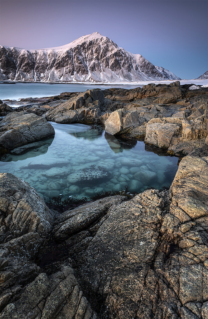 Rocky Coastline with Clear Pools and Snowy Mountains | landscape photo ...