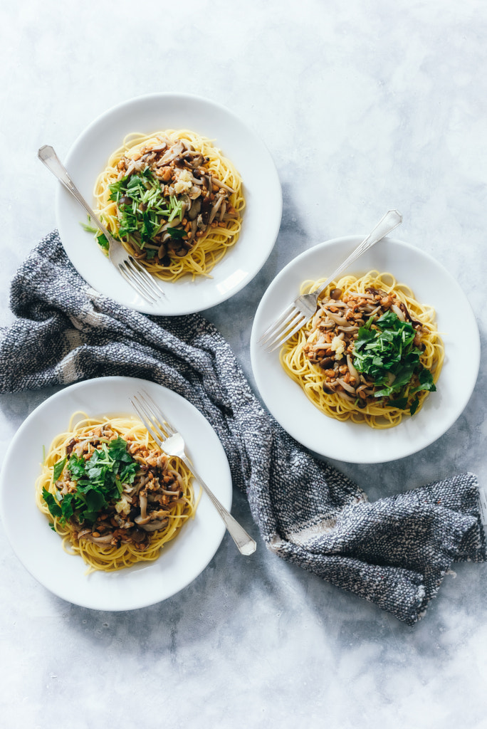 Japanese-style pasta with clams,natto and mushroom by Hidekazu Makiyama ...