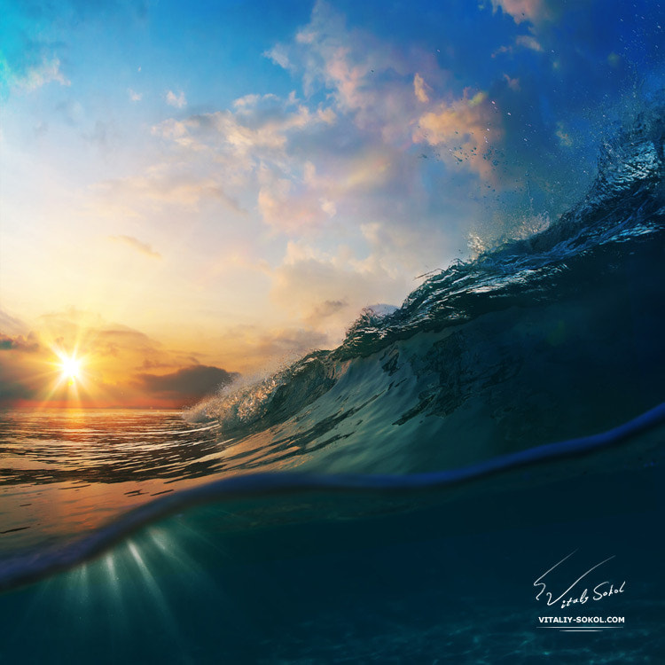 sunset on the beach with breaking ocean wave by Vitaliy Sokol / 500px
