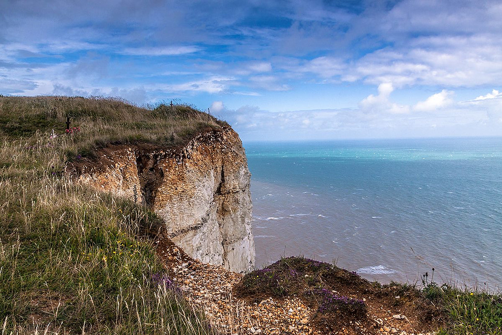 Beachy Head Cliff wooden crosses on the edge of the cliff The area is ...