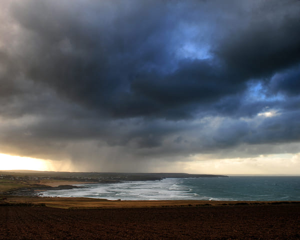 A severe gale force wind speed of F9 hits Trevose Head looking south ...